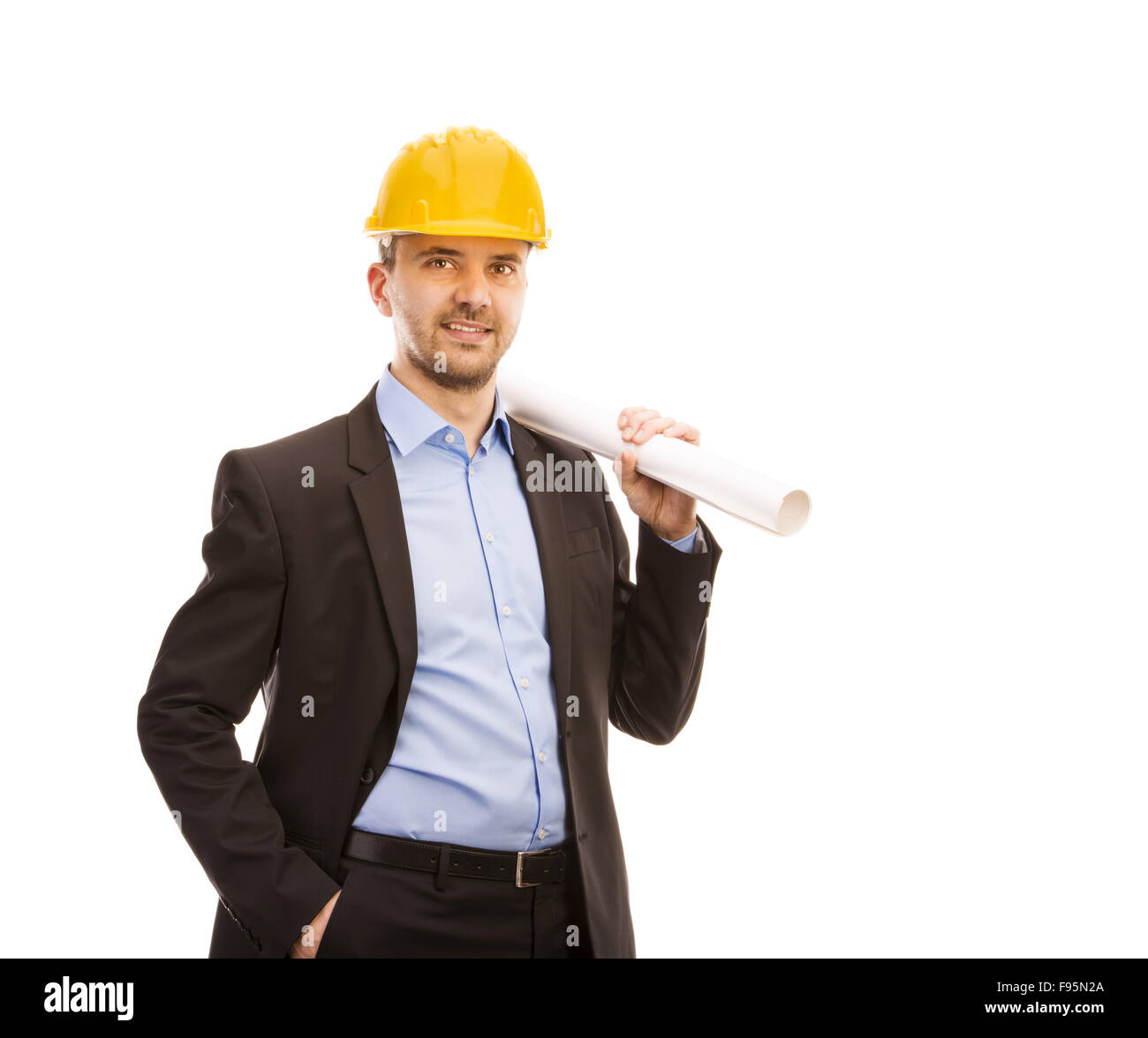 Young engineer with yellow helmet is isolated on white background Stock ...
