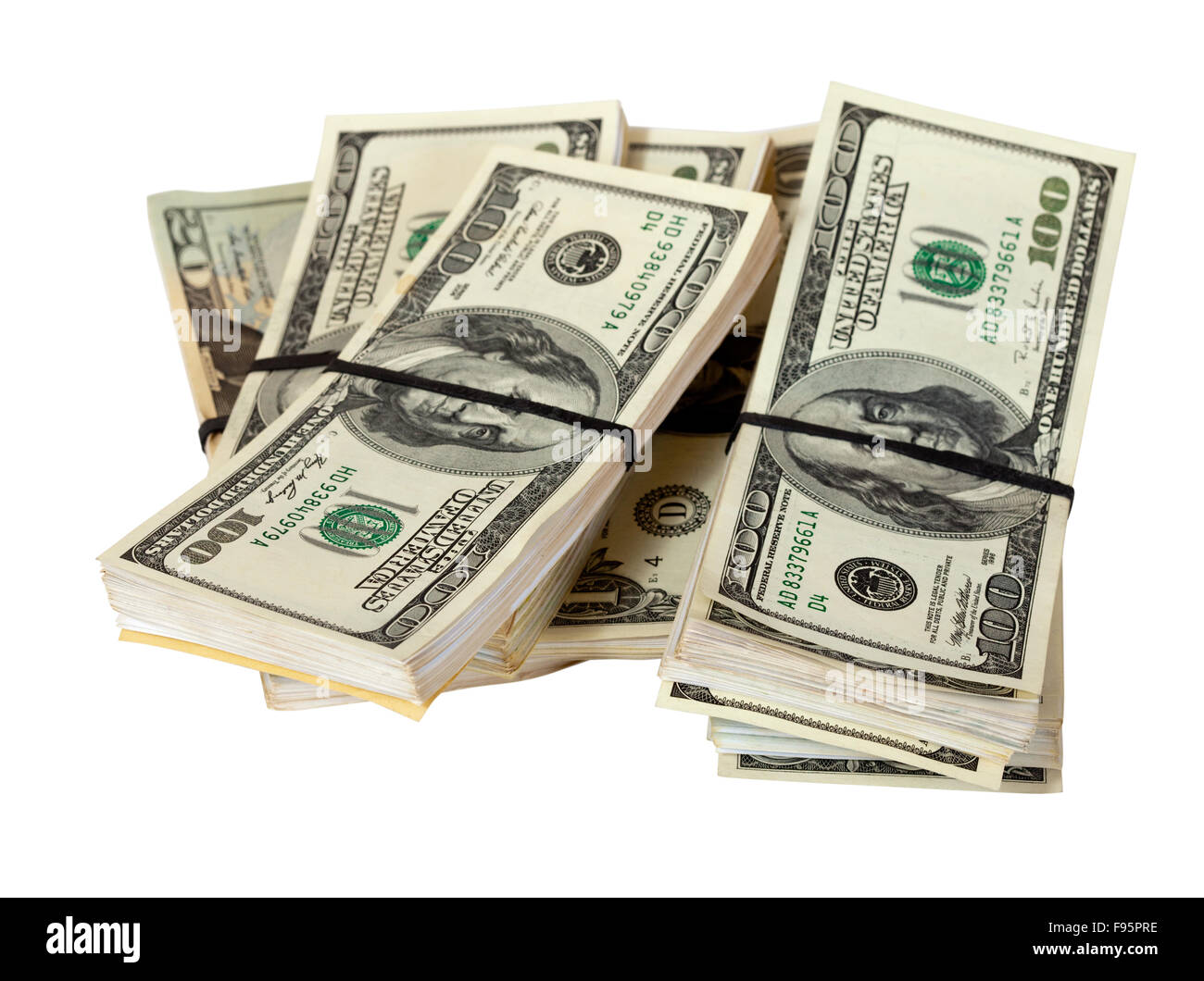 Many bundles of US dollars bank notes. Isolated on white background ...