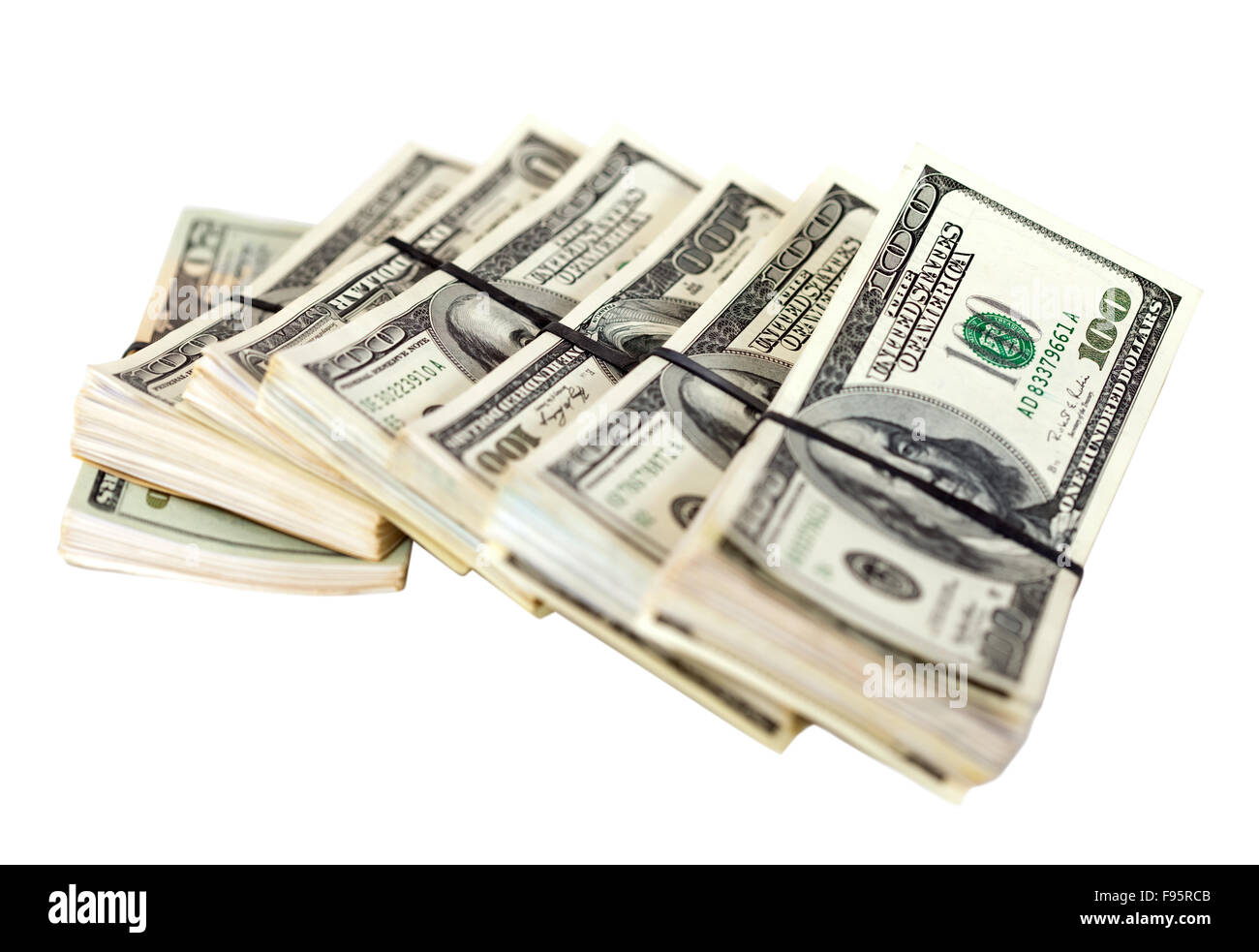 Many bundles of US dollars bank notes. Isolated on white background ...