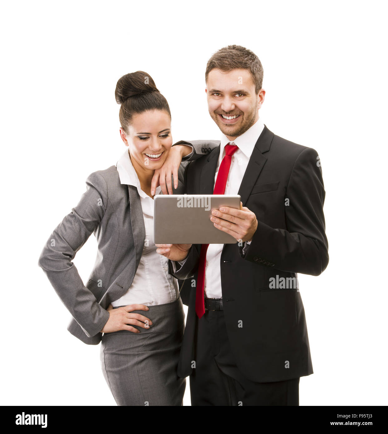 Young smiling business woman and business man isolated over white ...