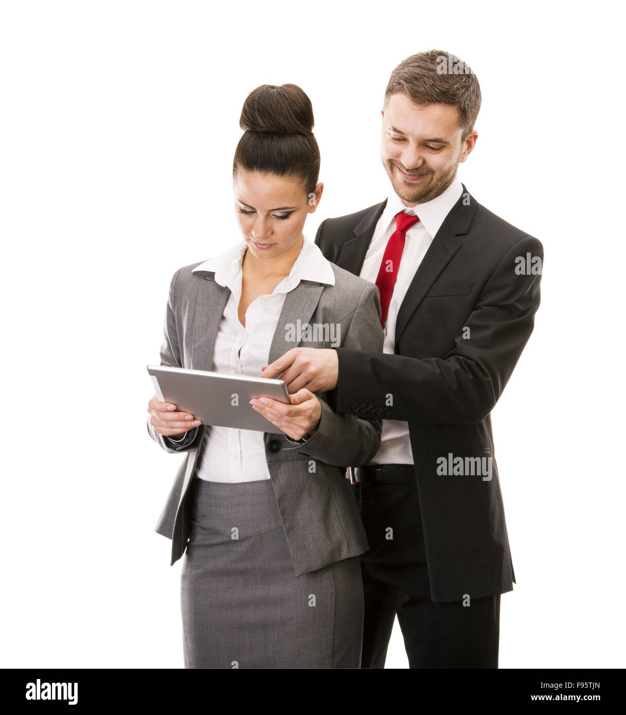 Young smiling business woman and business man isolated over white ...