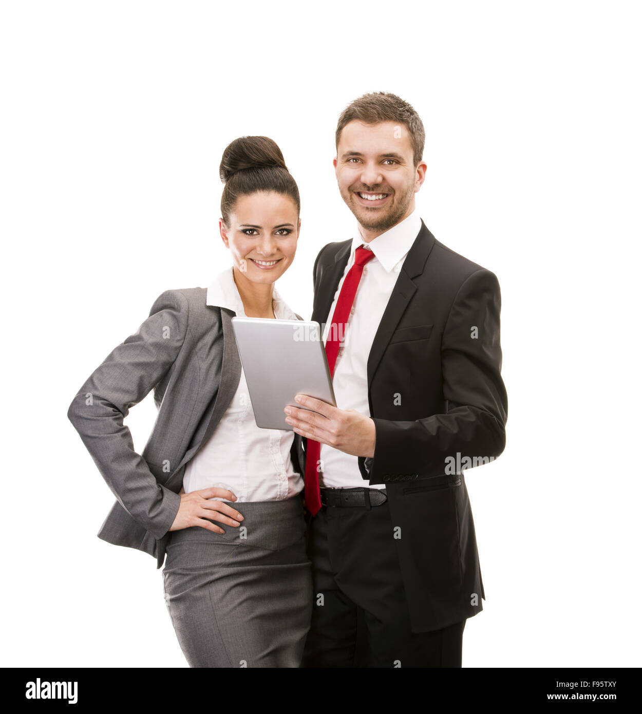 Young smiling business woman and business man isolated over white ...
