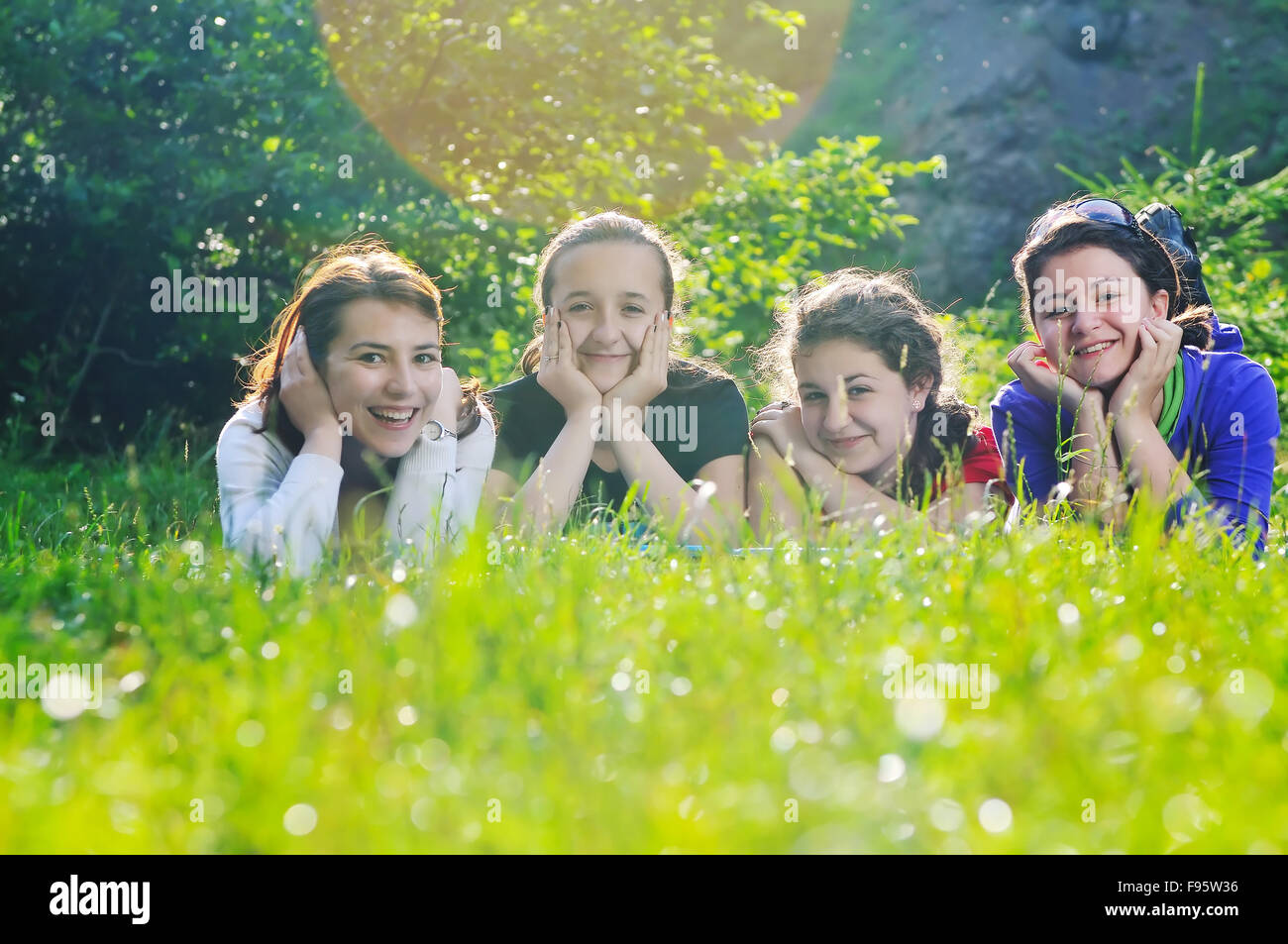 happy children group have fun outdoor in nature at suny day Stock Photo ...
