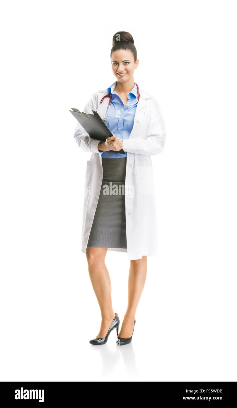 Smiling medical doctor woman with stethoscope. Full body portraits ...