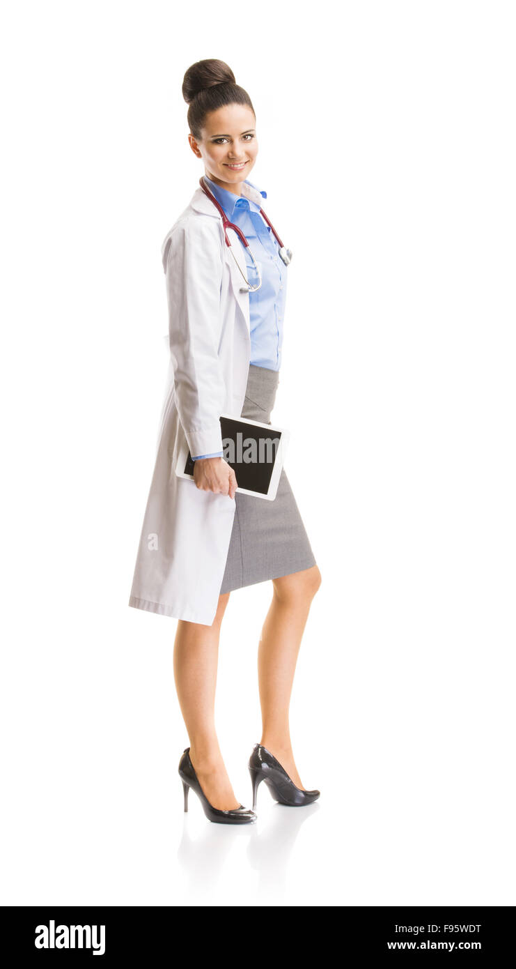 Smiling medical doctor woman with stethoscope. Full body portraits ...
