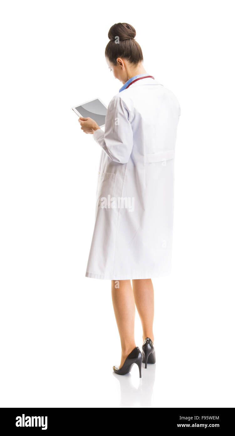 Smiling medical doctor woman with stethoscope. Full body portraits ...