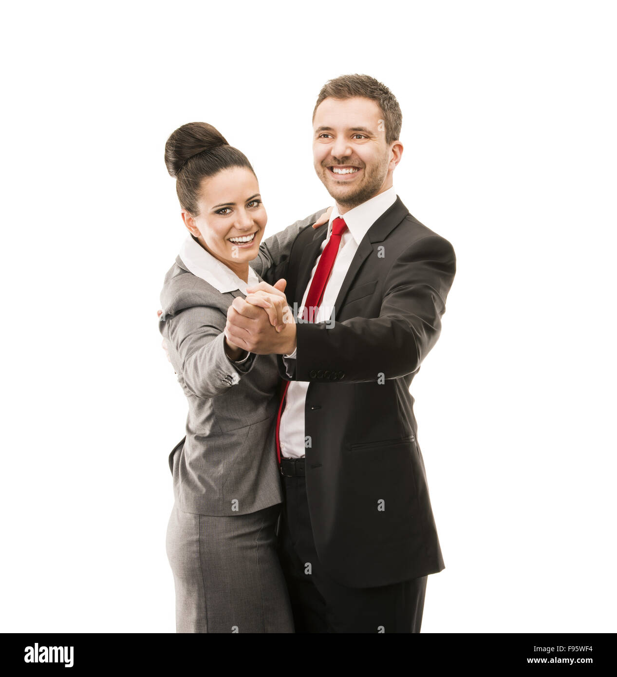 Young smiling business woman and business man isolated over white ...