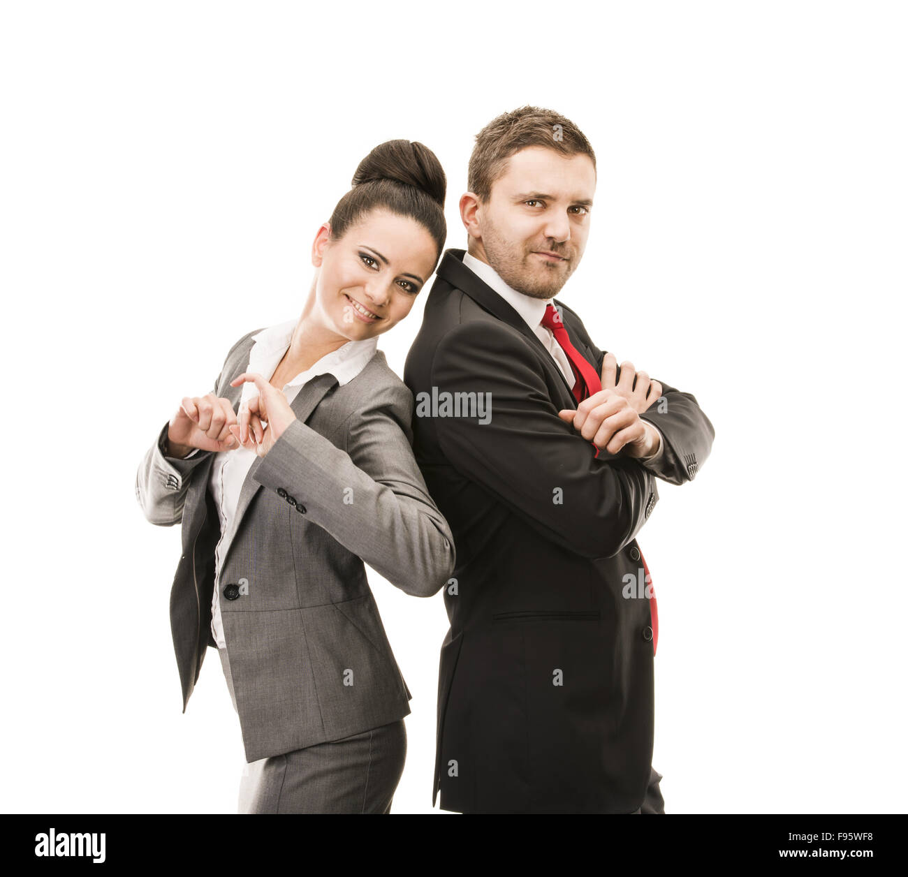 Young smiling business woman and business man isolated over white ...