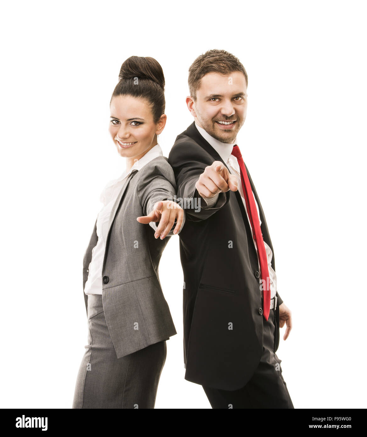 Young smiling business woman and business man isolated over white ...