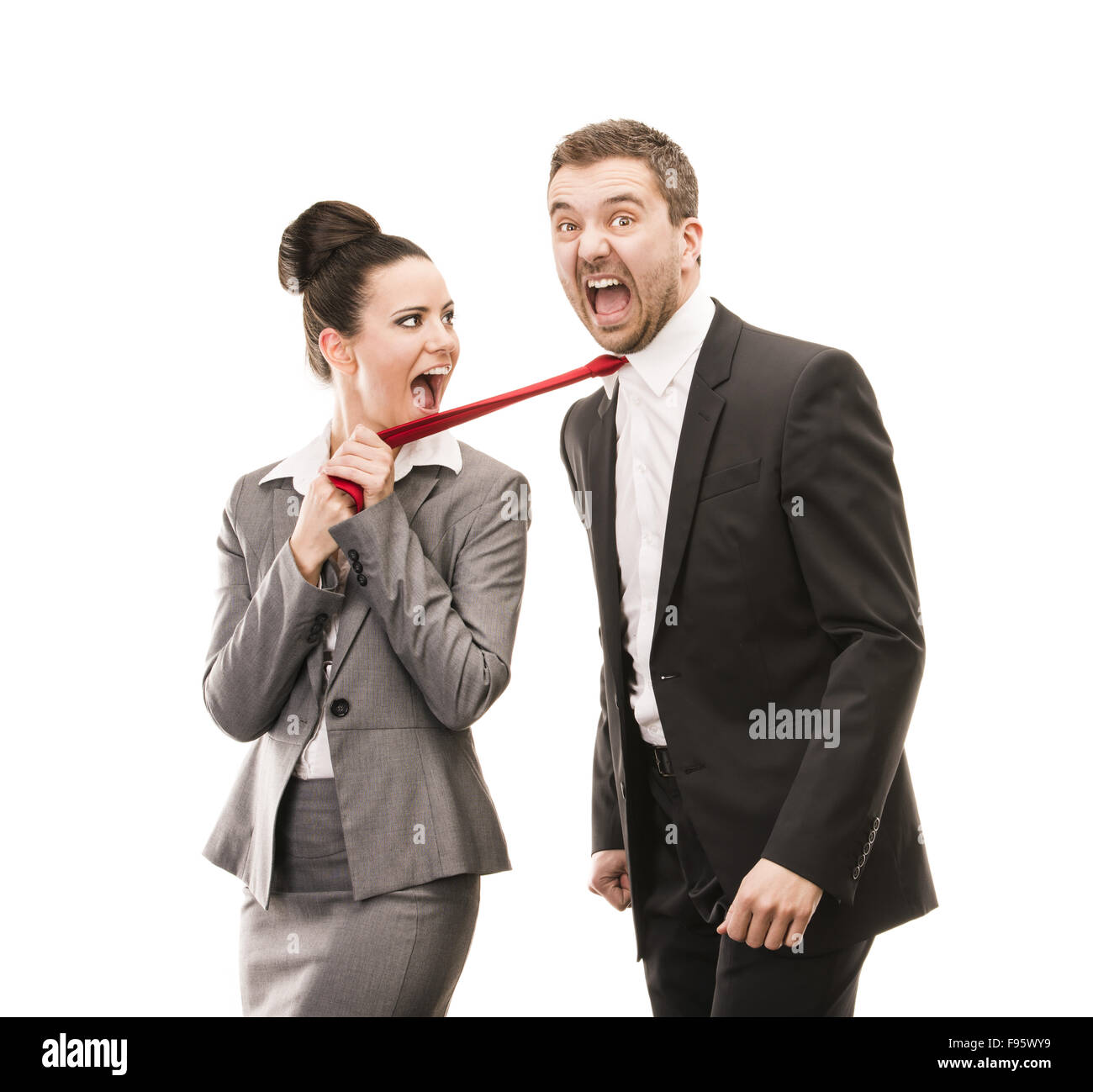 Young smiling business woman and business man isolated over white ...