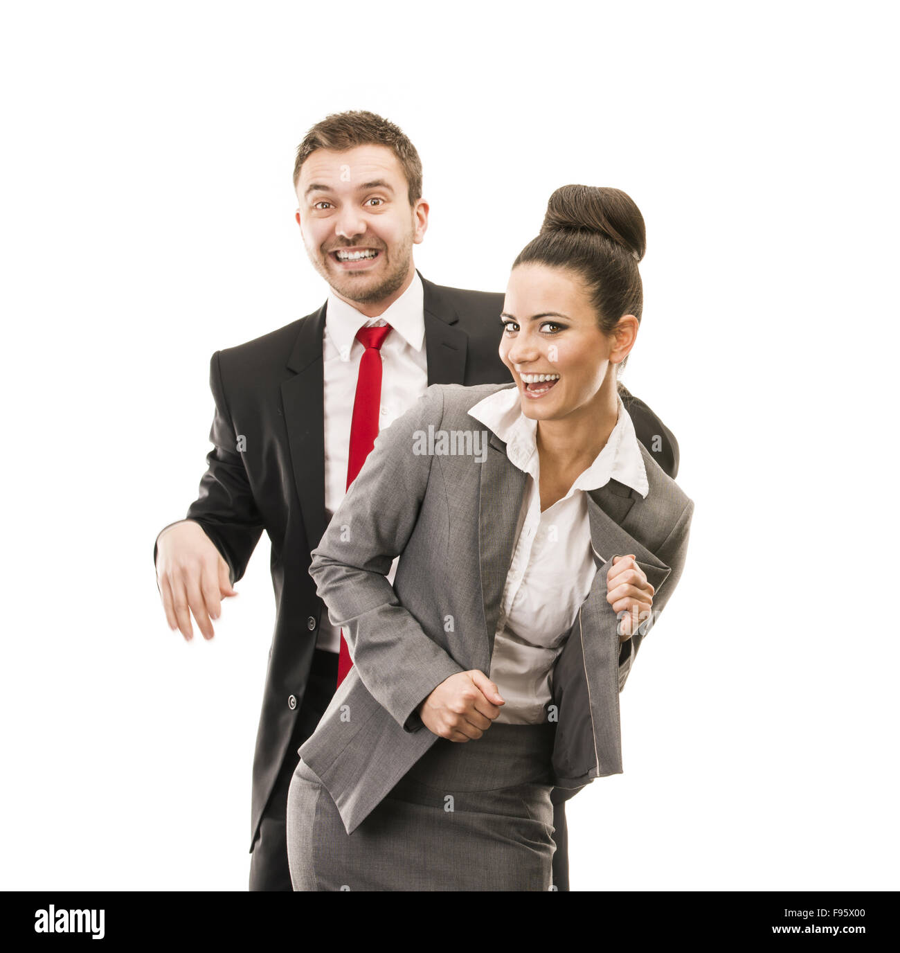 Young smiling business woman and business man isolated over white ...