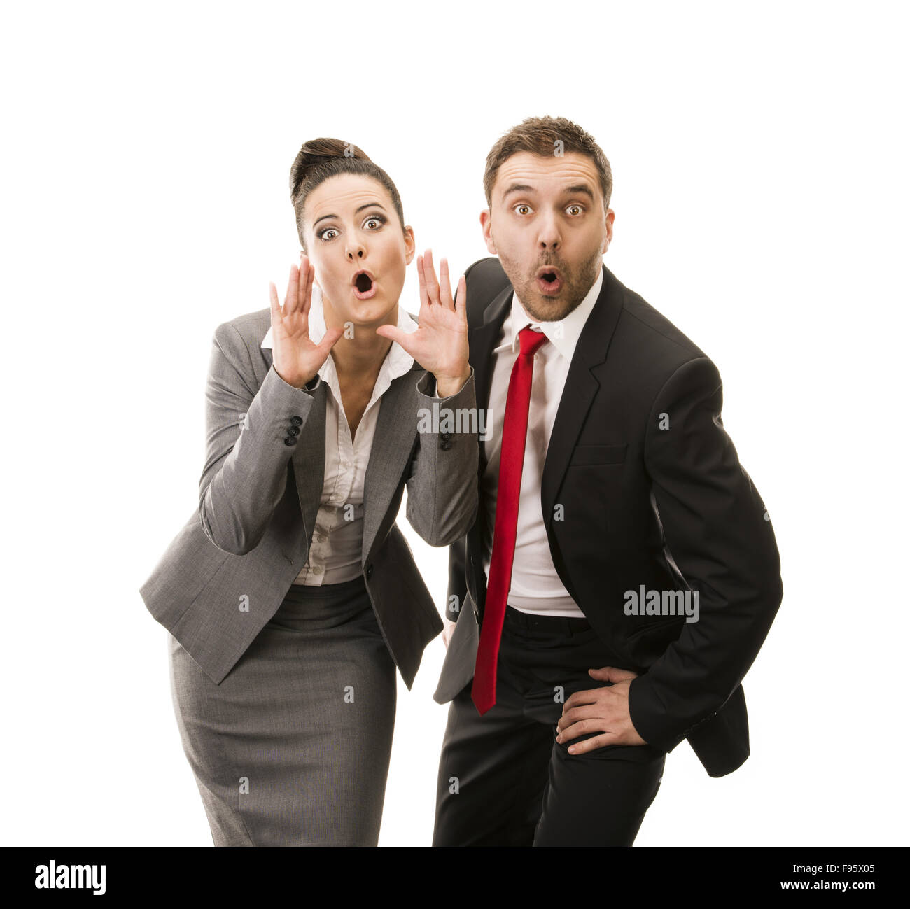 Young smiling business woman and business man isolated over white ...