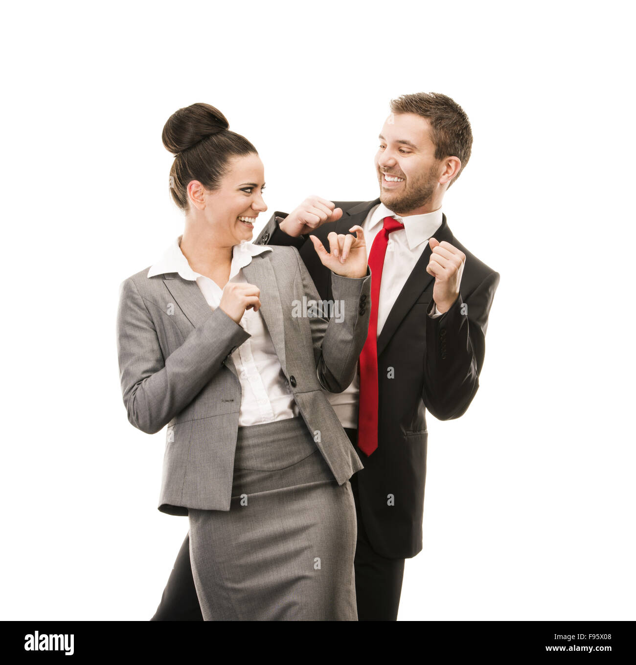 Young smiling business woman and business man isolated over white ...