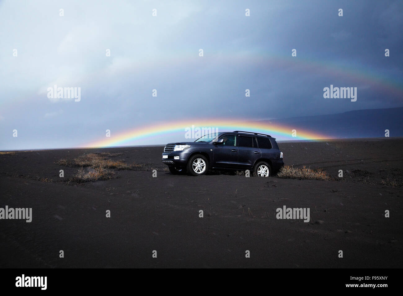 Four wheel dive car in the ash fall from volcano Eyjafjallajökull, with ...