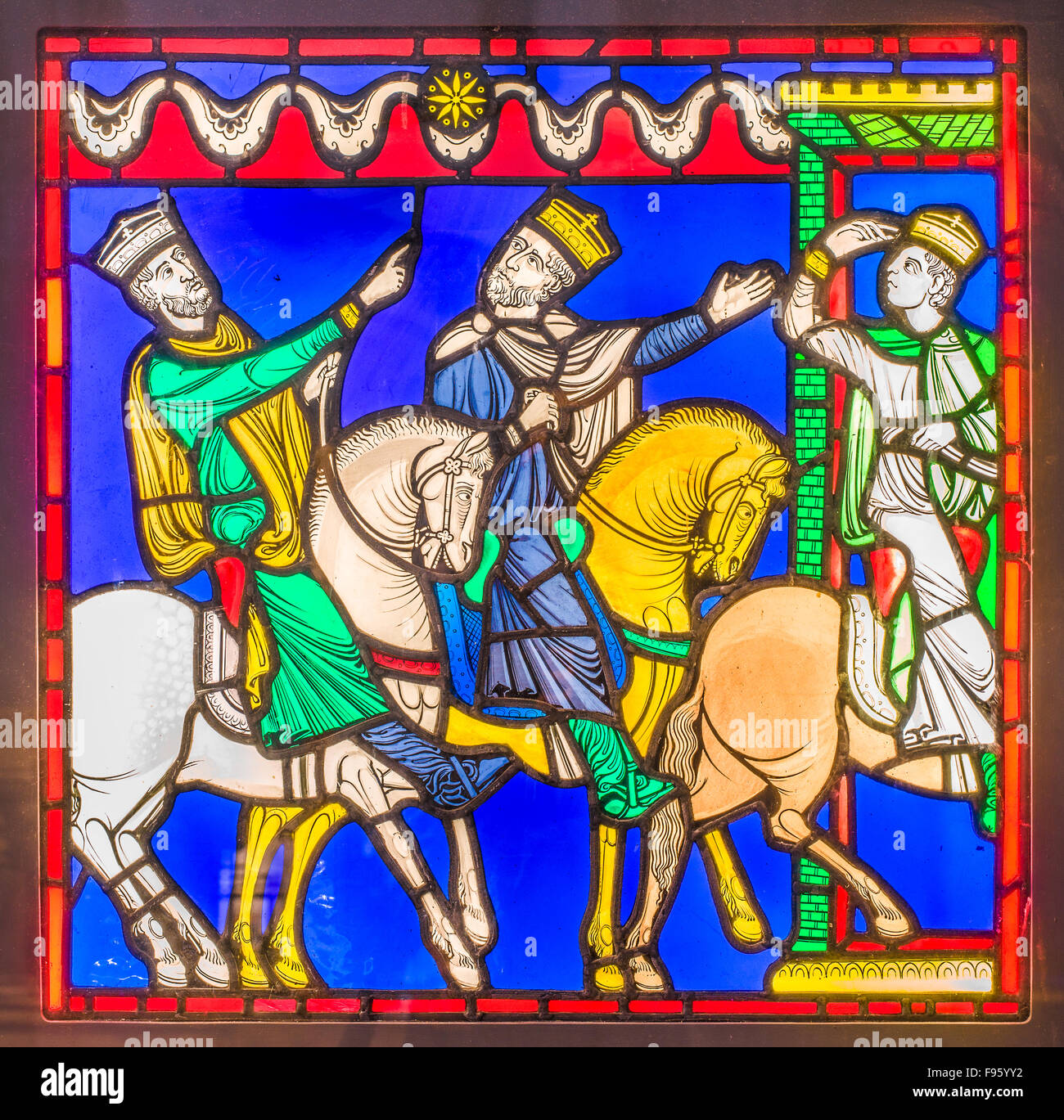 Stained glass window of the Magi on show in the medieval christian ...