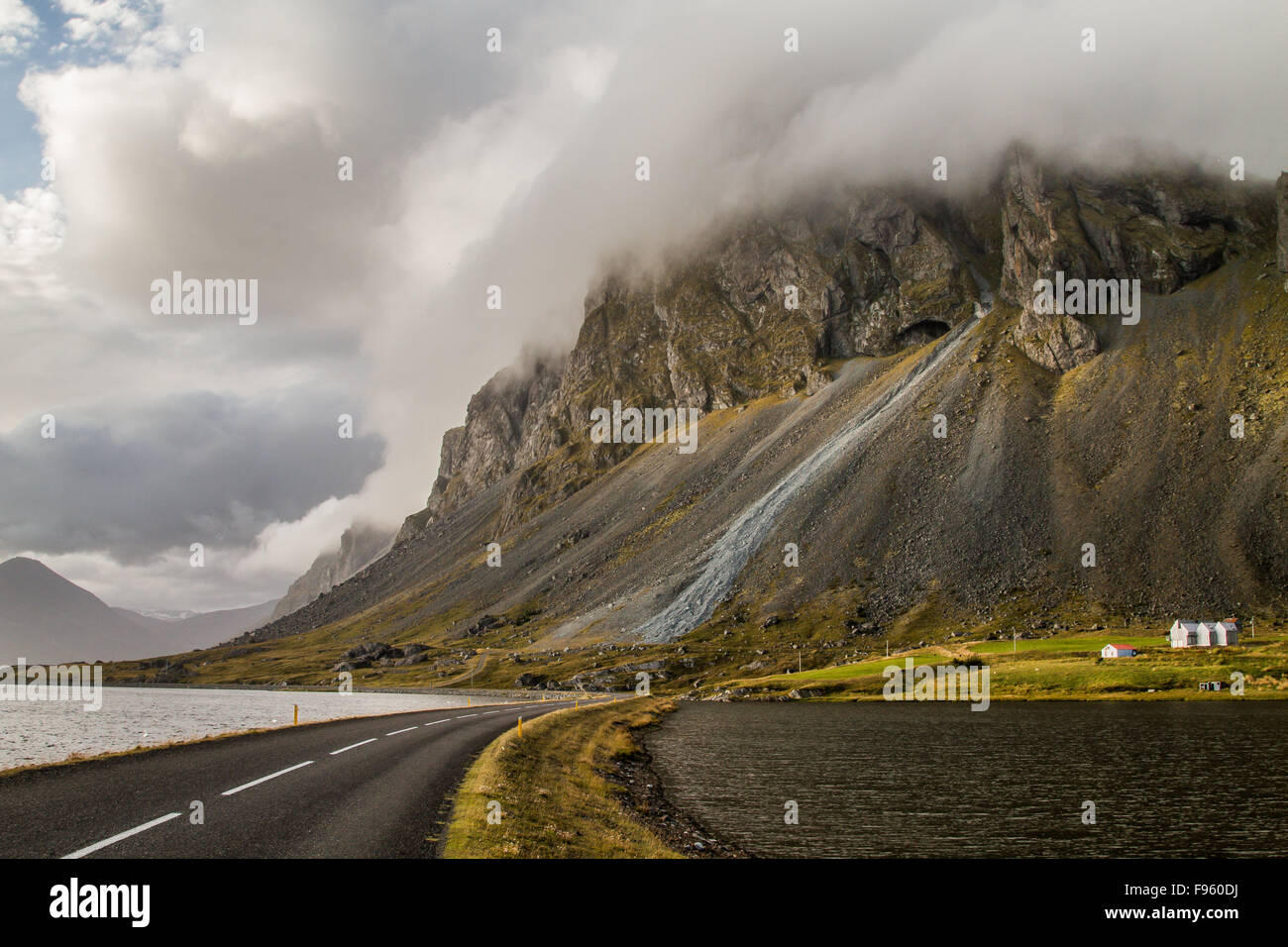 The ring road and mountains in the clouds next to the shore of the ...