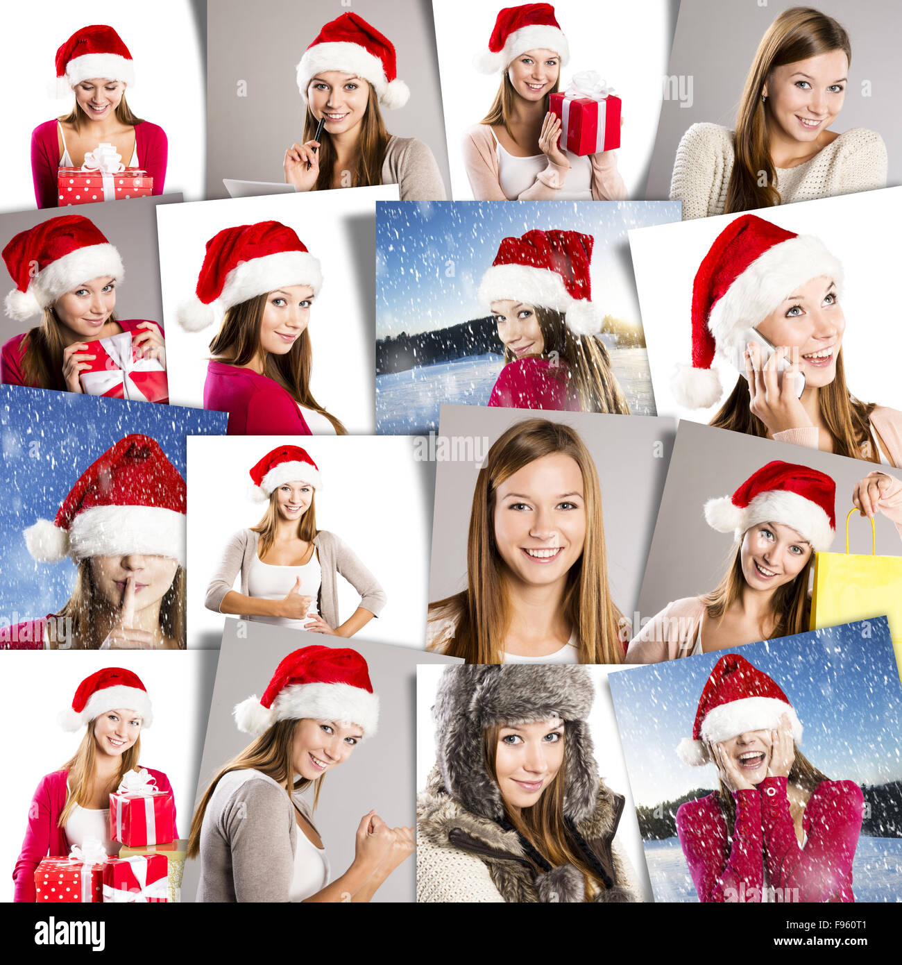 Christmas face collage of brunette girl in santa hat Stock Photo - Alamy