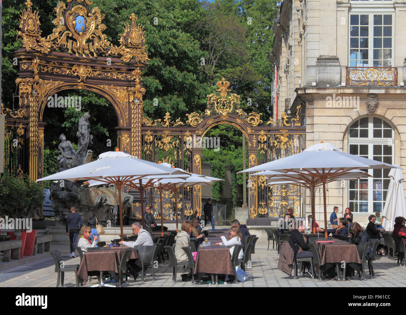 France, Lorraine, Nancy, Place Stanislas, fountain, cafe, people Stock ...
