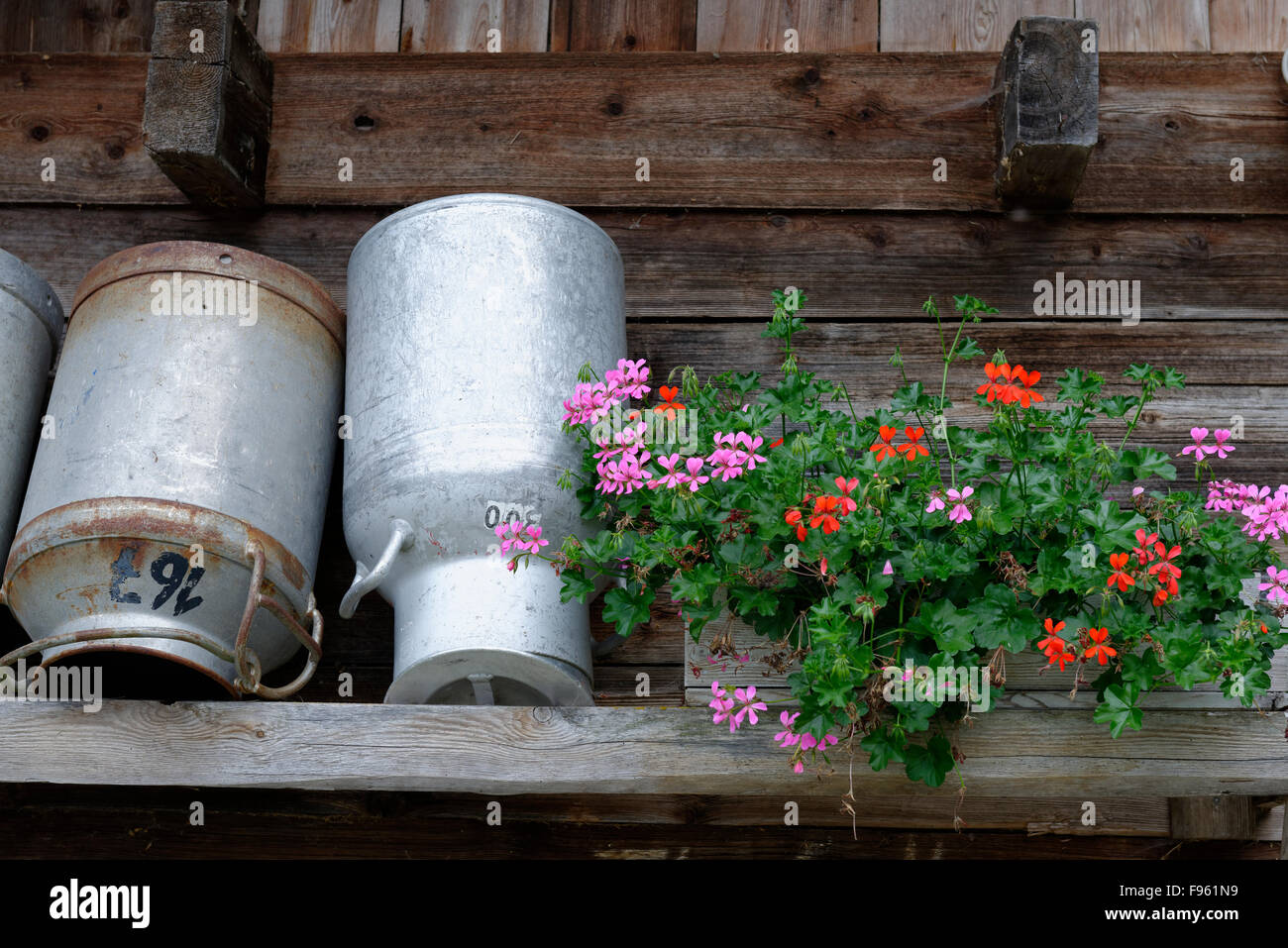 Milk cans drying at a mountain inn, farmhouse, Wildgerlostal, High ...
