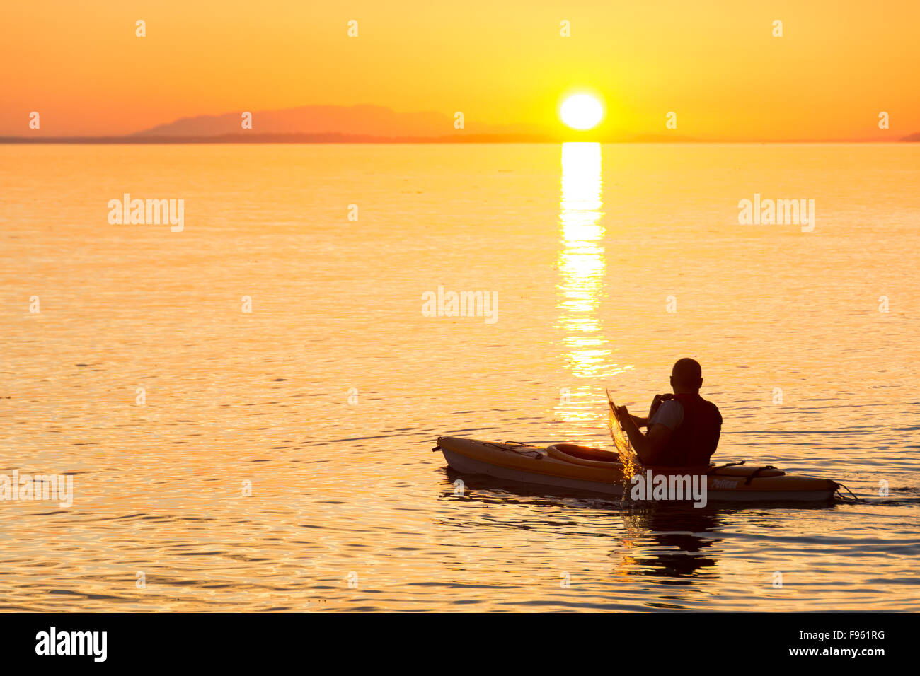 Kayaker in sunset, Powell River, British Columbia, Canada Stock Photo ...