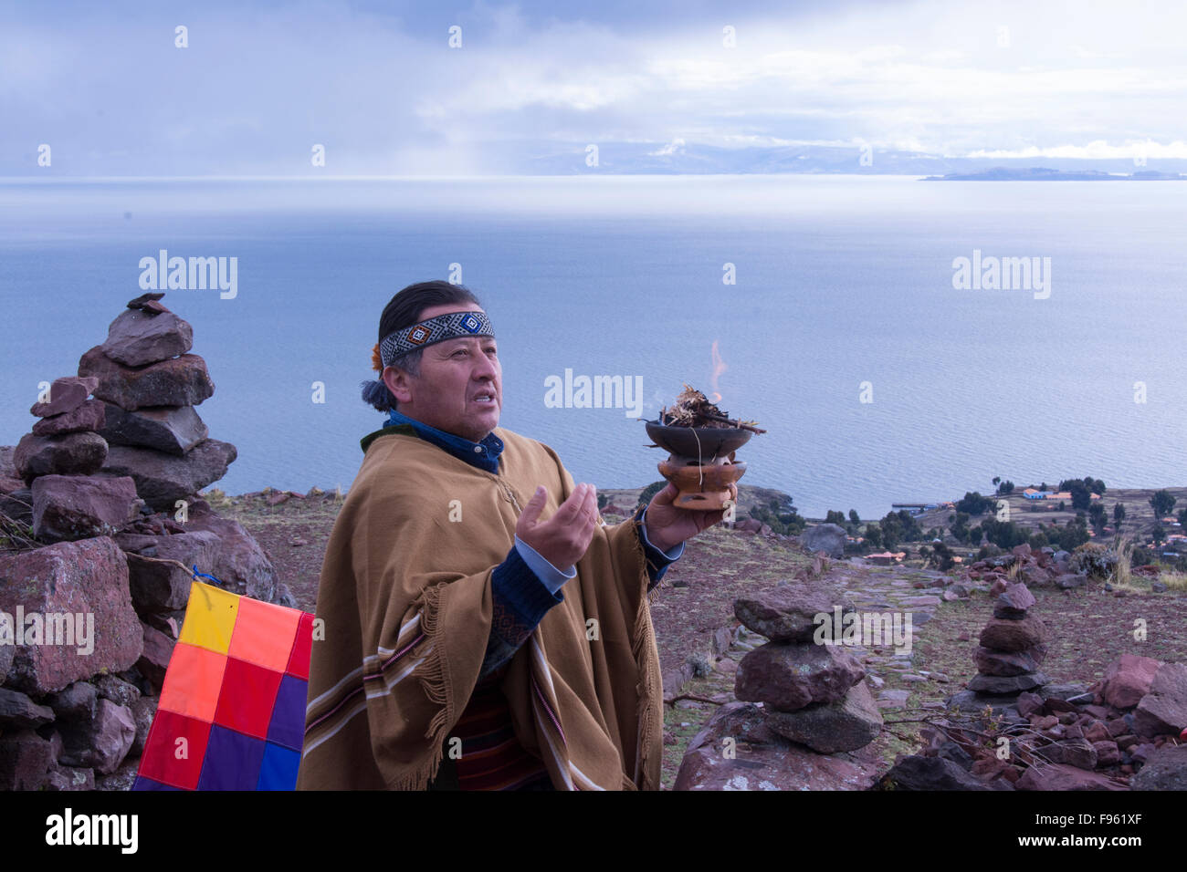 Shamanic ceremony, Island of Amantani, Lake Titicaca, Peru Stock Photo ...