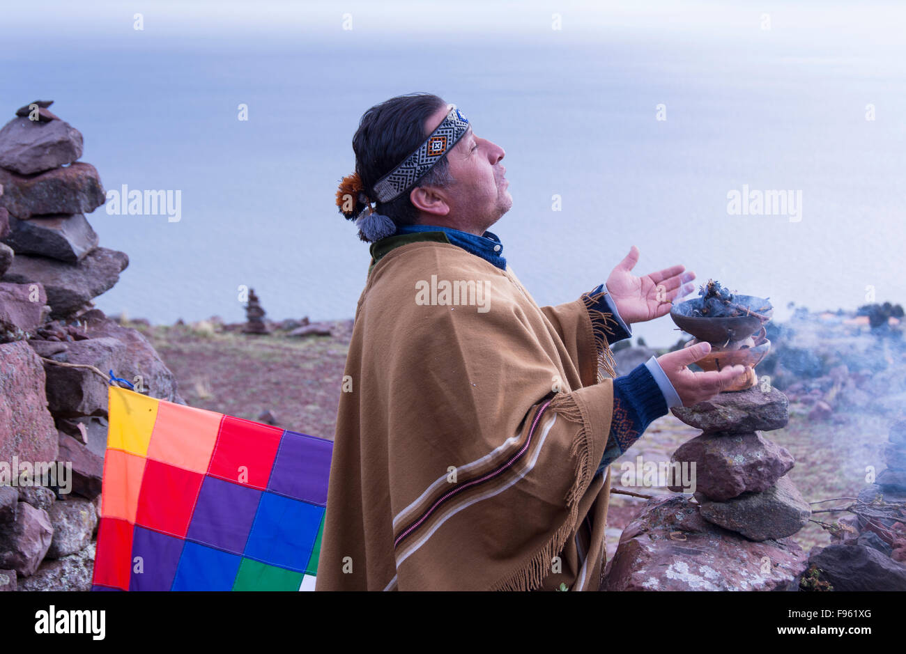 Shamanic ceremony, Island of Amantani, Lake Titicaca, Peru Stock Photo ...