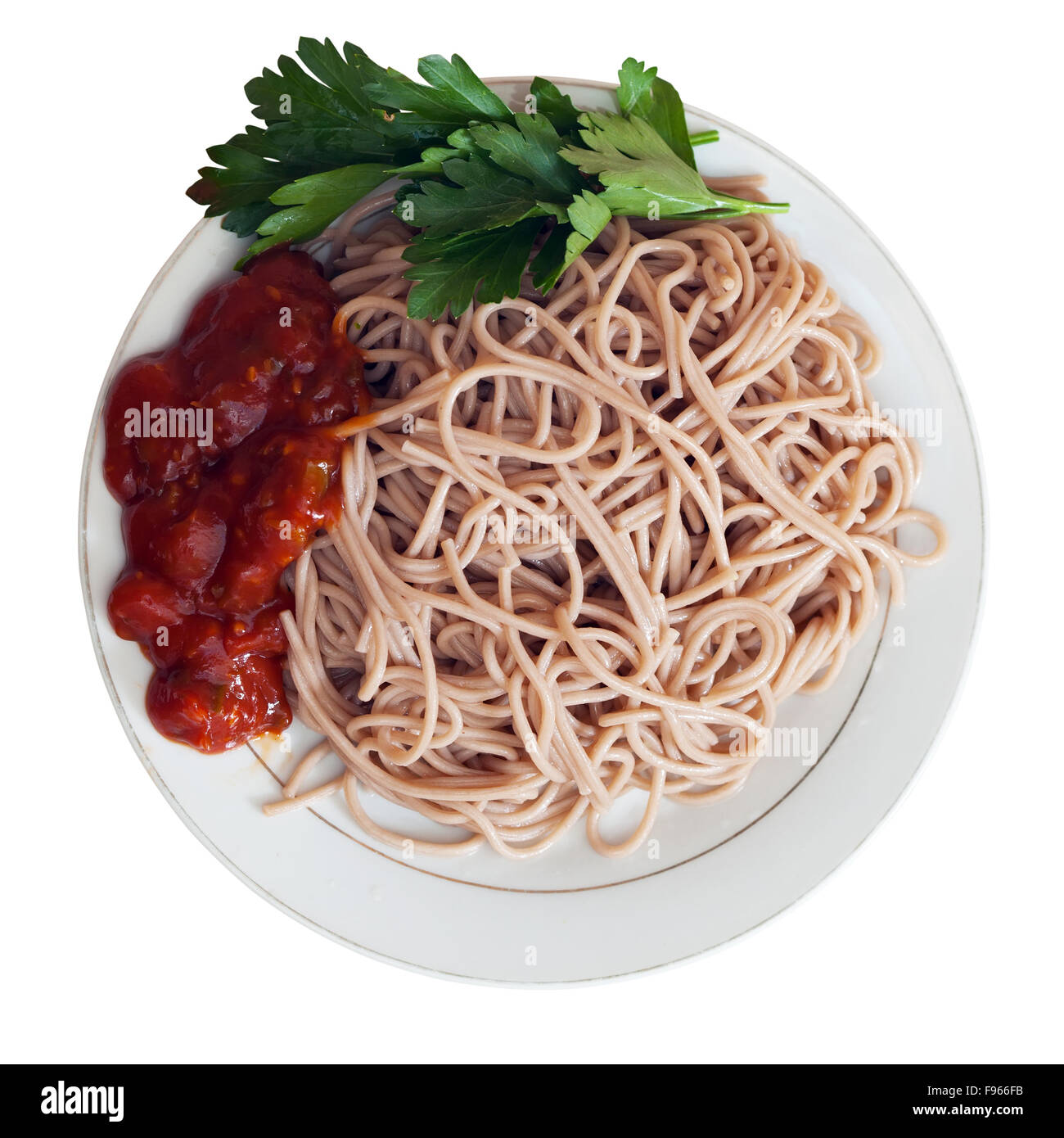 spaghetti pasta with ketchup in plate over white background Stock Photo ...