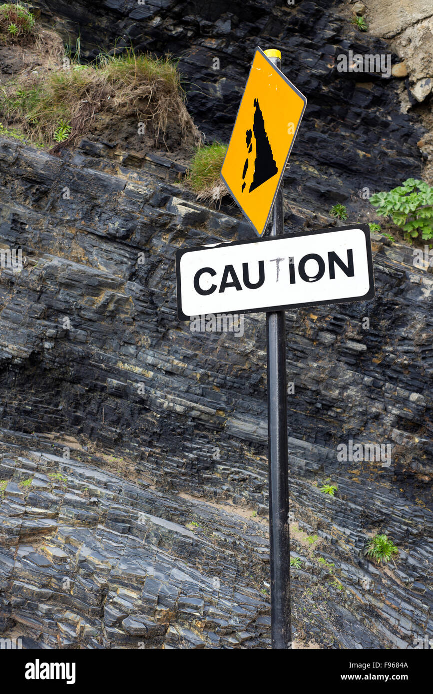 caution rock fall sign on Ballybunion beach in county Kerry Ireland ...