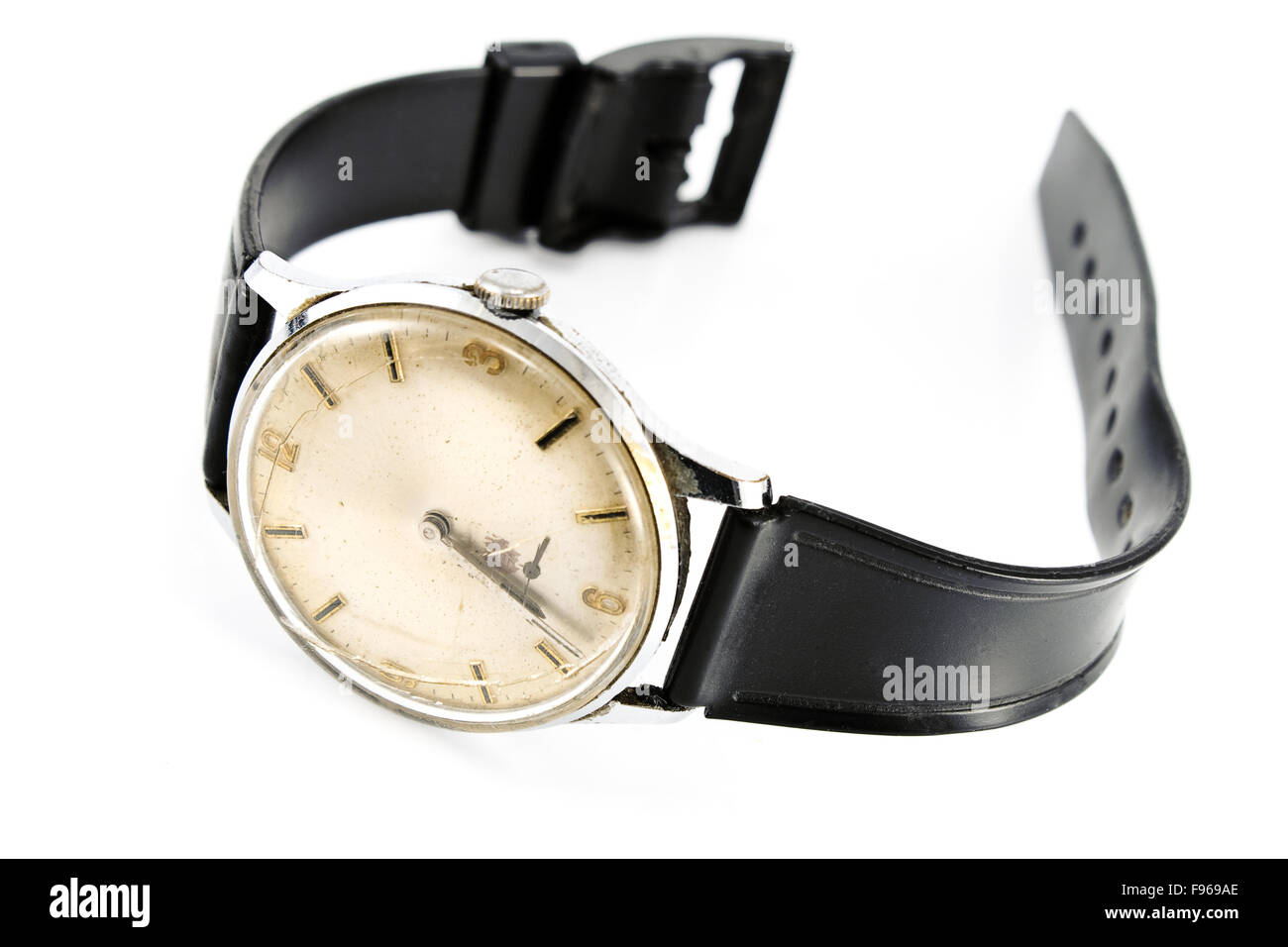 Old broken wristwatch with black strap isolated on white Stock Photo ...