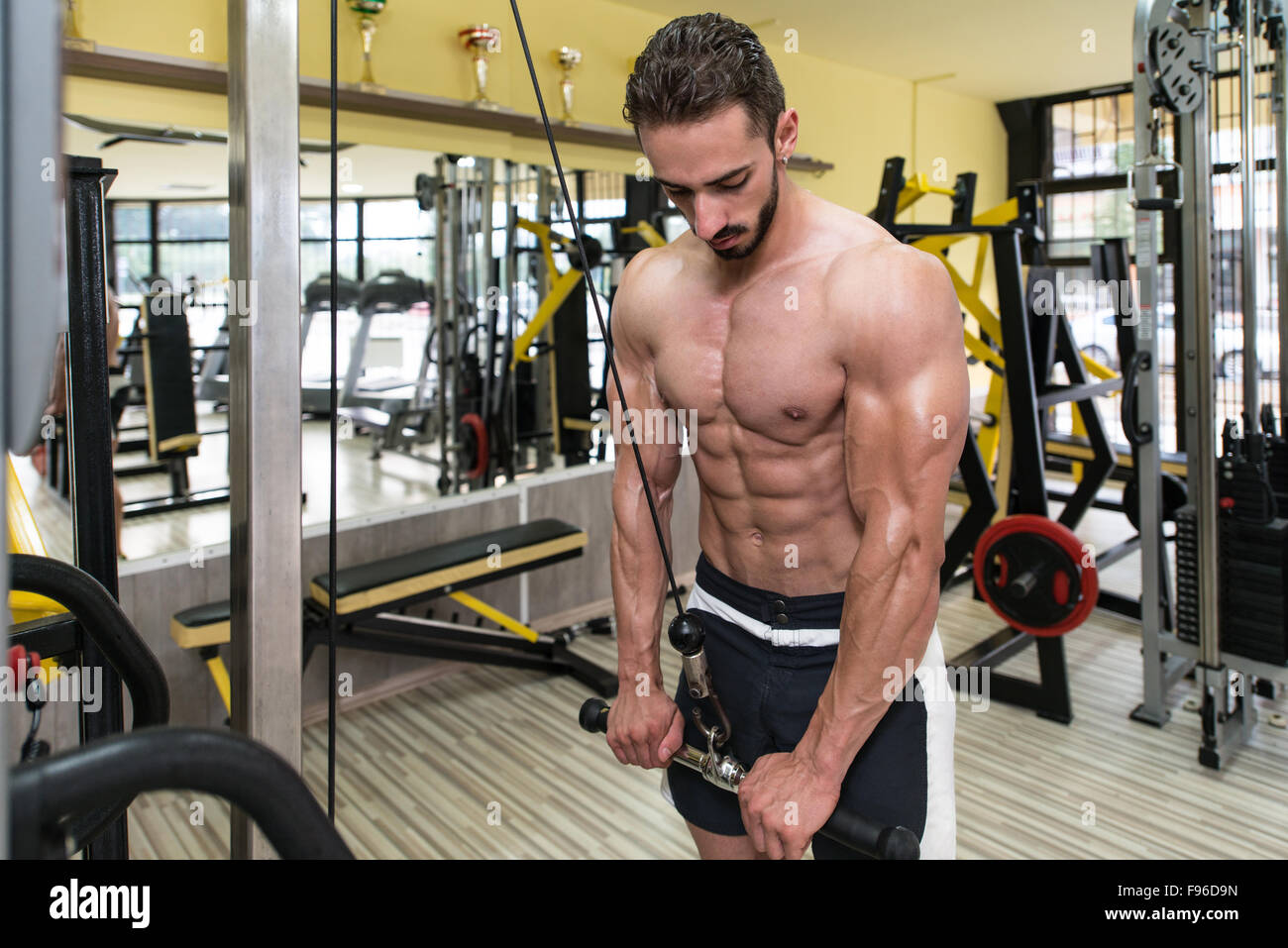 Young Bodybuilder Exercise Triceps In The Gym - He Is Performing Two ...