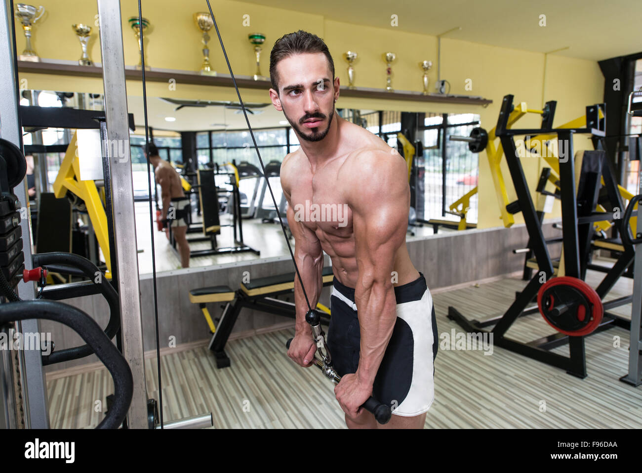 Young Bodybuilder Exercise Triceps In The Gym - He Is Performing Two ...