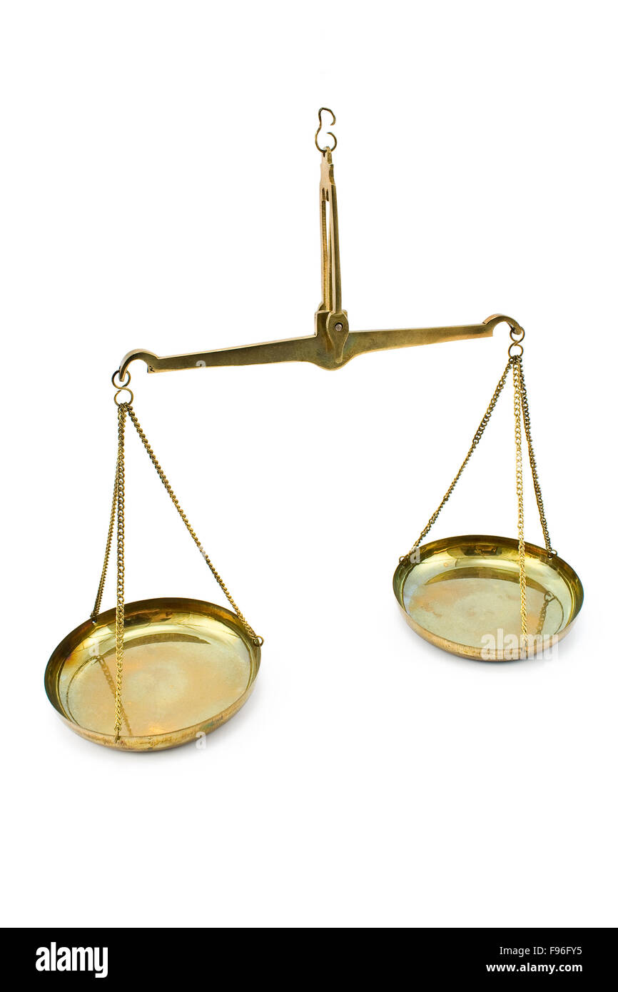 Golden balance scales isolated on white Stock Photo - Alamy