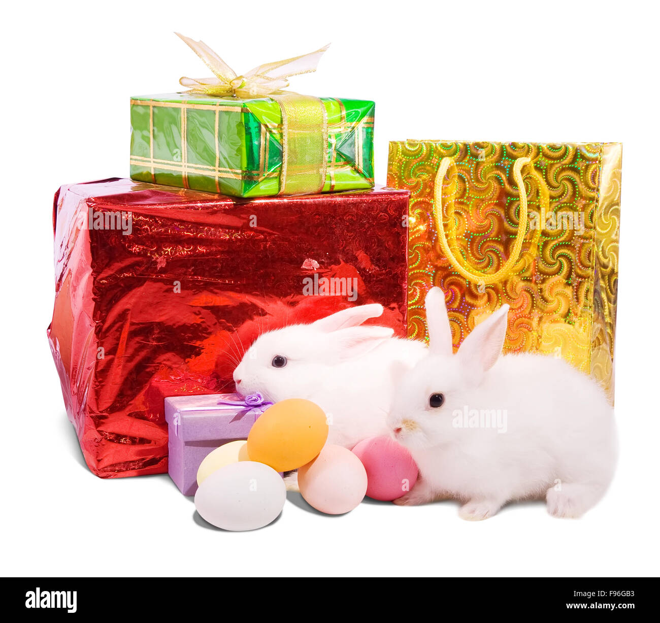 Two white easter rabbits with gifts. Isolated on white background Stock ...