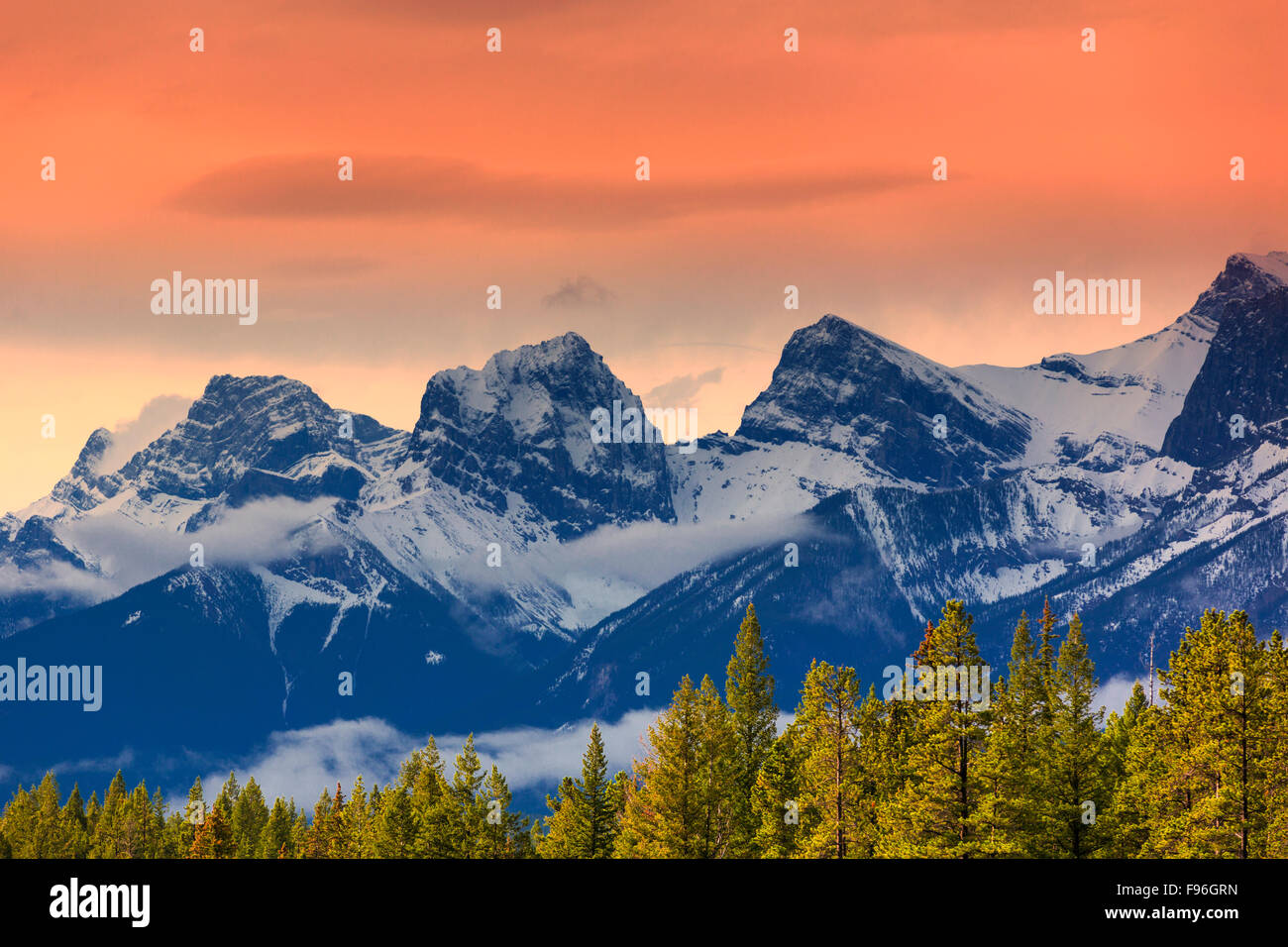 Snow covered and fog shrouded Mount Rundle Mountains, Banff National ...
