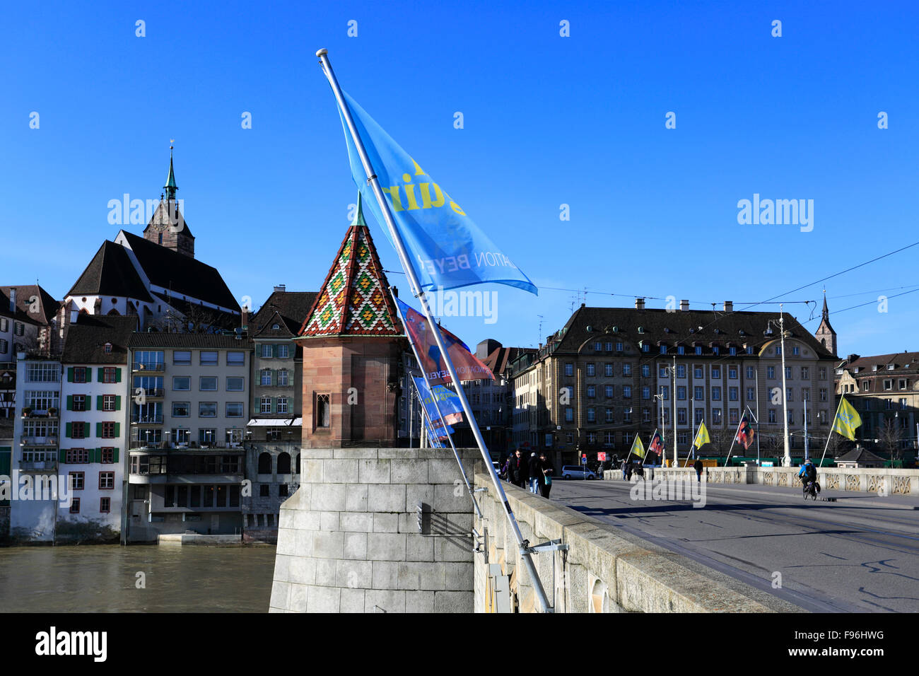 The medieval Mittlere Brücke stone bridge over the river Rhine, city of ...