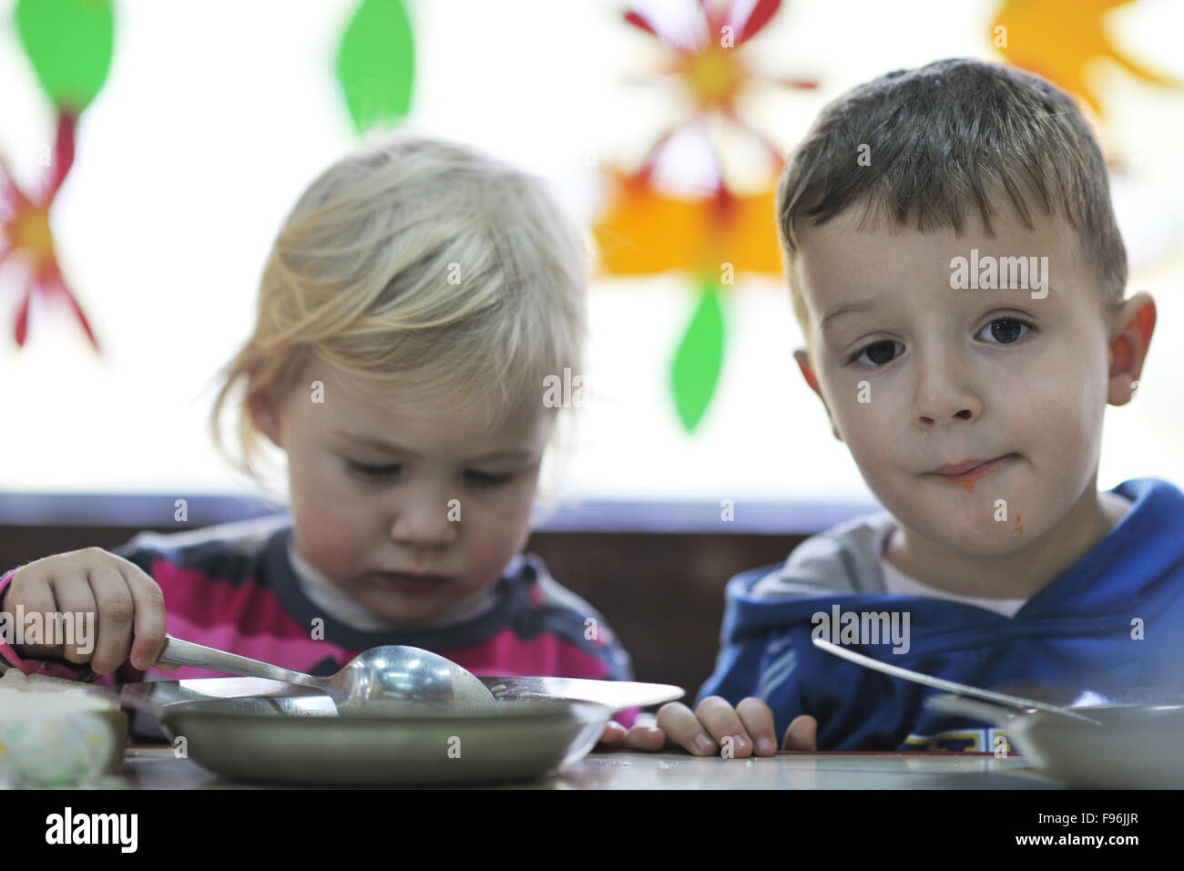 happy child kids group have fun and play at kindergarden indoor ...