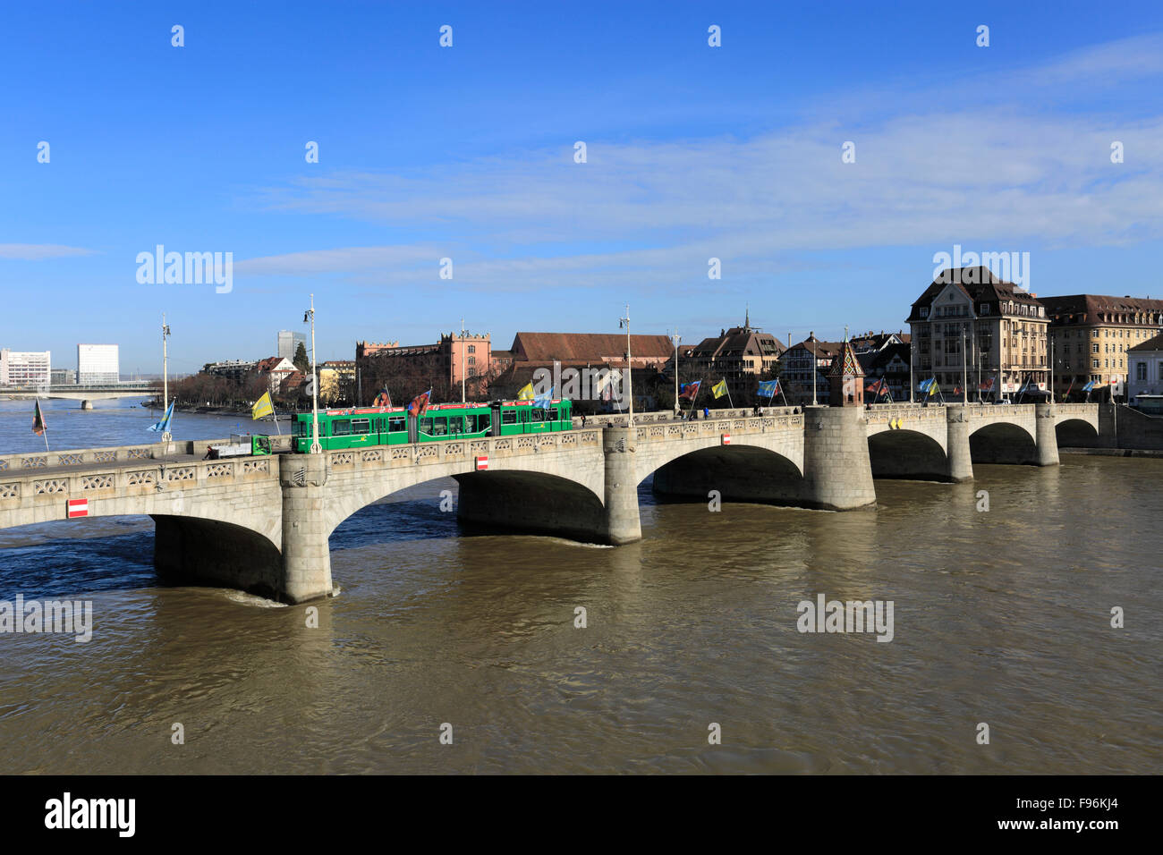The medieval Mittlere Brücke stone bridge over the river Rhine, city of ...