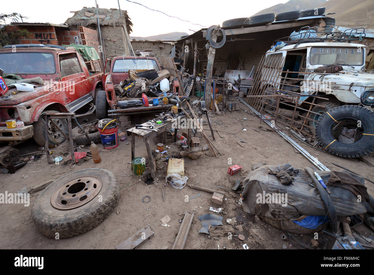 Car workshop in the Andes, Colquechaca in Potosi, Bolivia Stock Photo ...