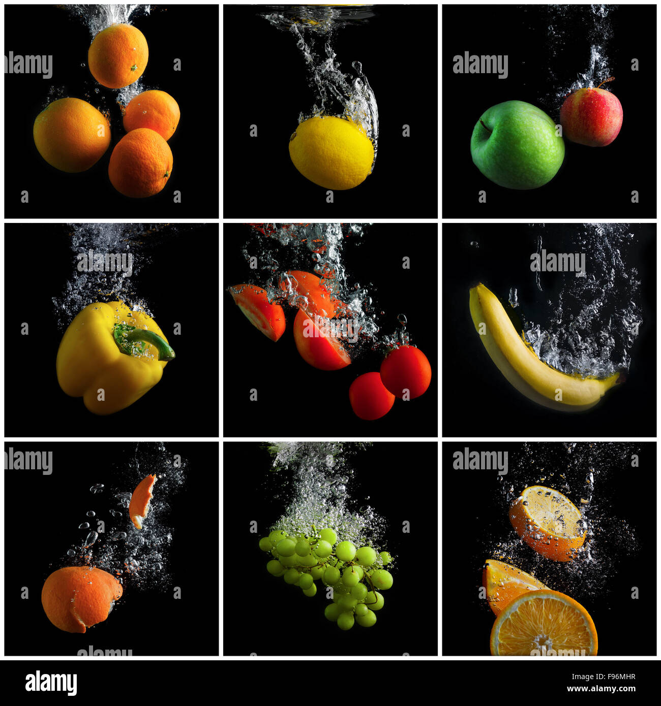 Fruits and vegetables falling into the water with splashes and bubbles ...