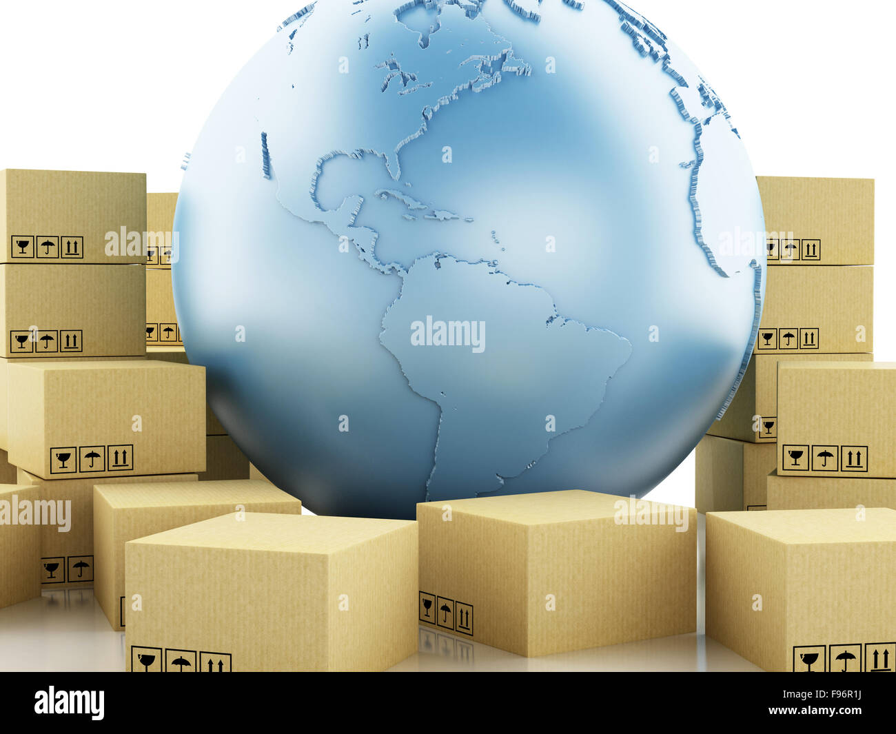 3d render illustration. Earth globe with cardboard boxes. Package ...