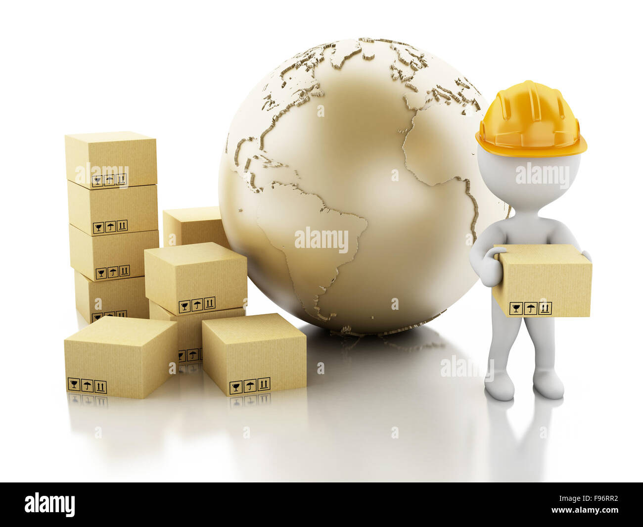 3d illustration. White people, Earth globe and cardboard boxes. Package ...