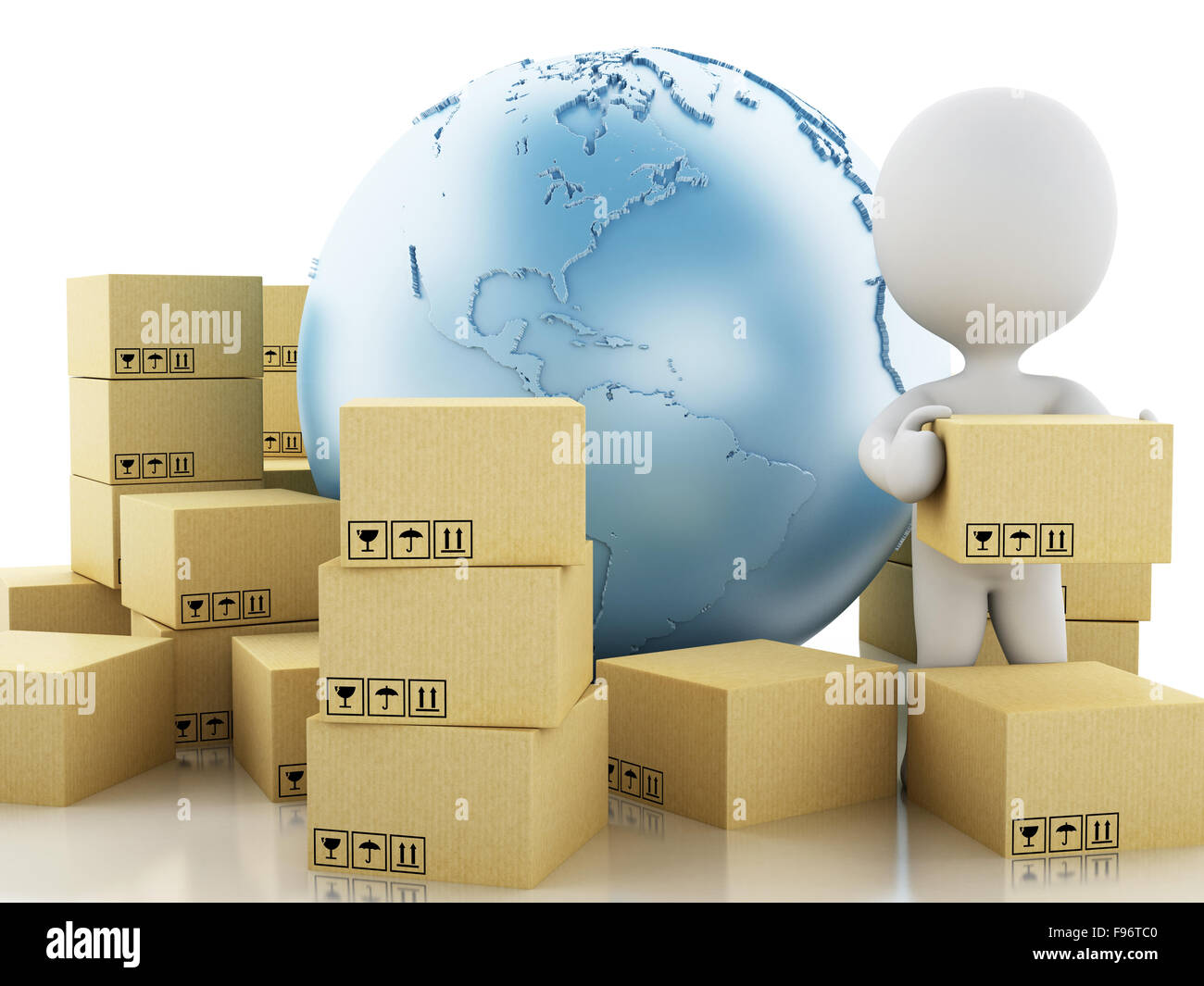 3d illustration. White people, Earth globe and cardboard boxes. Package ...