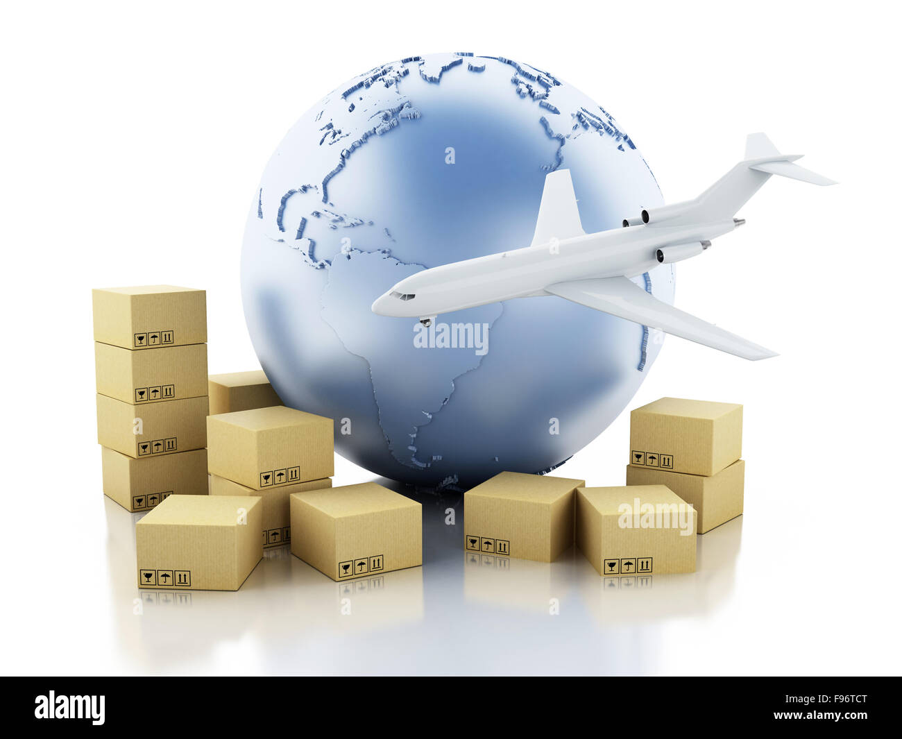 3d illustration. Earth globe, cardboard boxes and airplane. Package ...