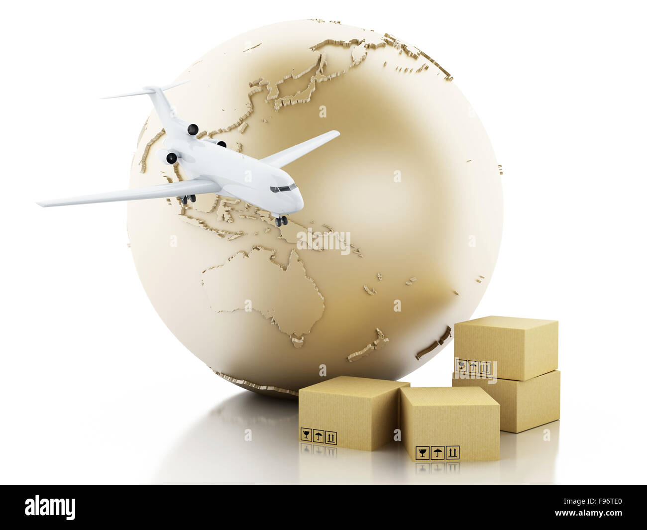 3d illustration. Earth globe, cardboard boxes and airplane. Package ...