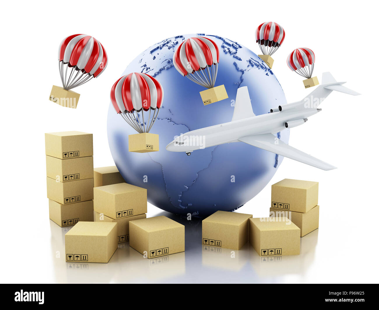 3d illustration. Earth globe, cardboard boxes and airplane. Package ...