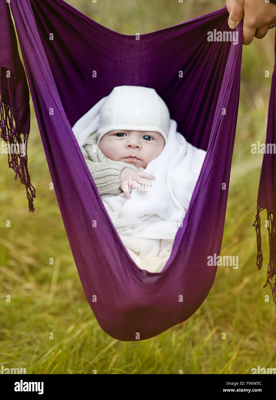 Cute newborn baby boy hanging in a baby sling outdoor Stock Photo - Alamy