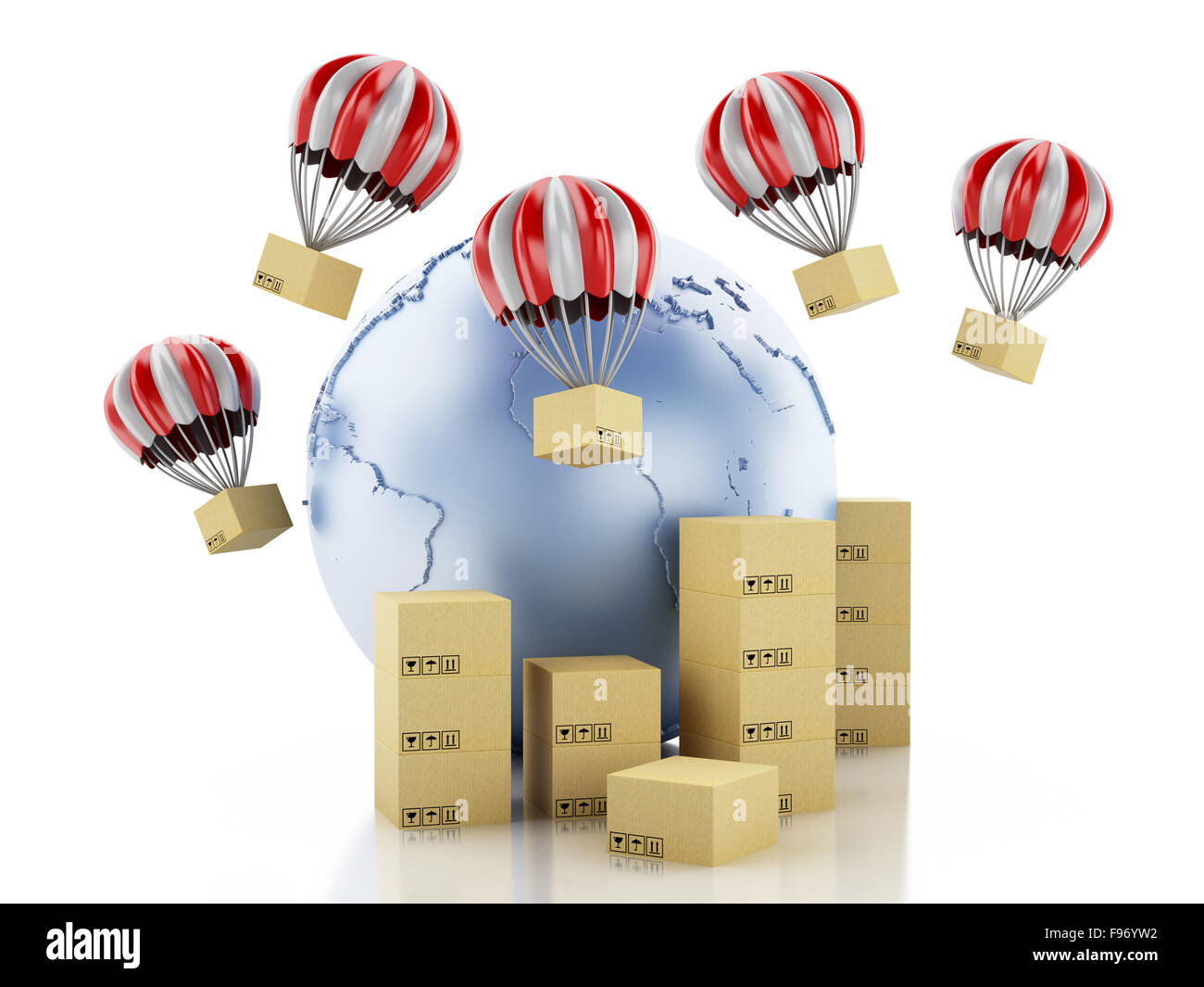 3d render illustration. Earth globe with cardboard boxes. Package ...