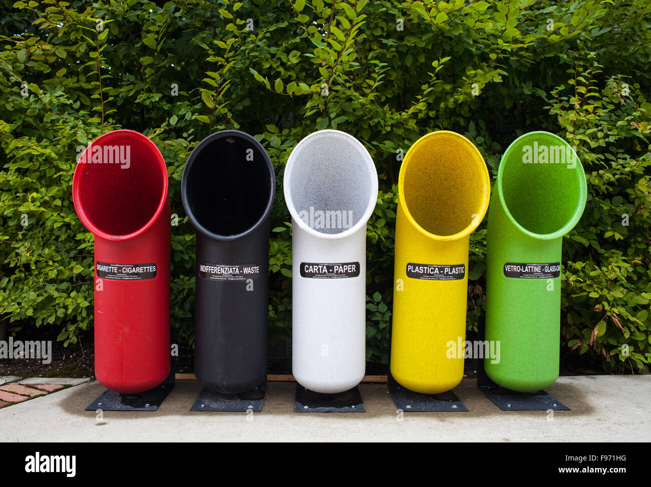 View of colorful recycling and garbage bins Stock Photo - Alamy