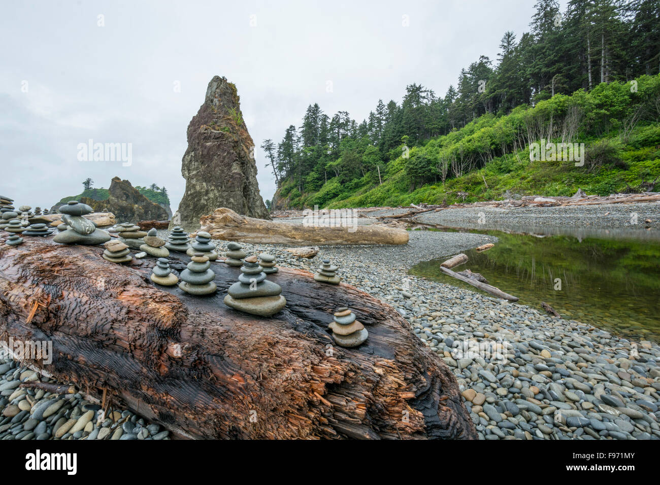 Stacks of Rocks placed on logs at Ruby Beach Olympic Penisula Wash USA ...
