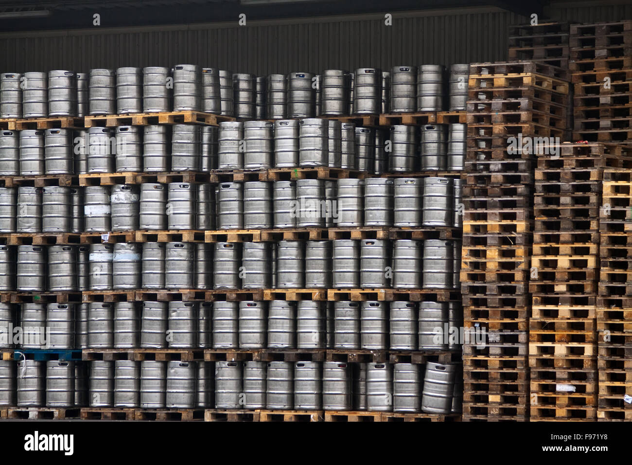 Many metal kegs of beer in regular rows Stock Photo - Alamy